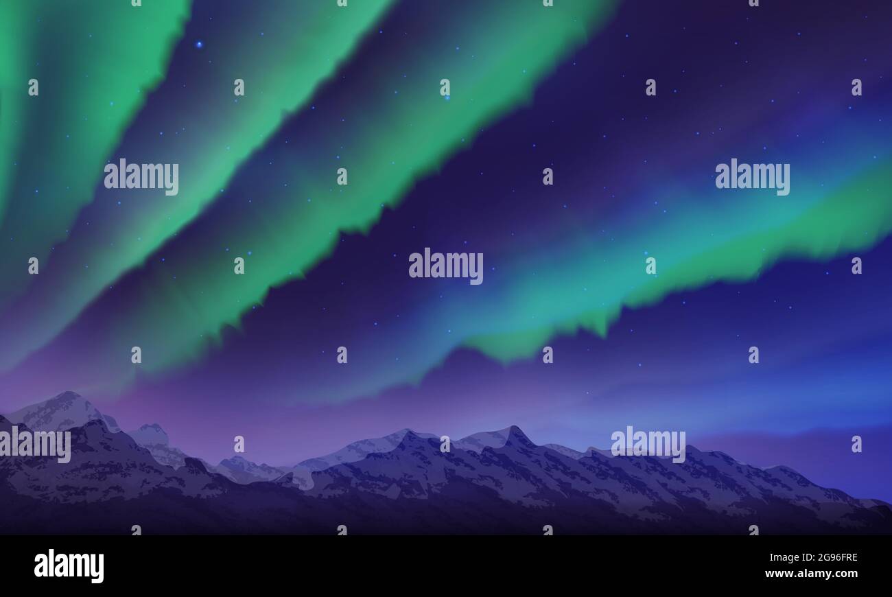 Snow mountains and northern lights landscape with stars, starry sky ...
