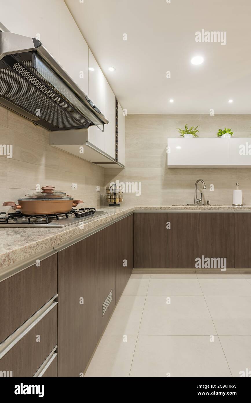 Countertop and worktop with built-in stove and extractor hood Stock ...