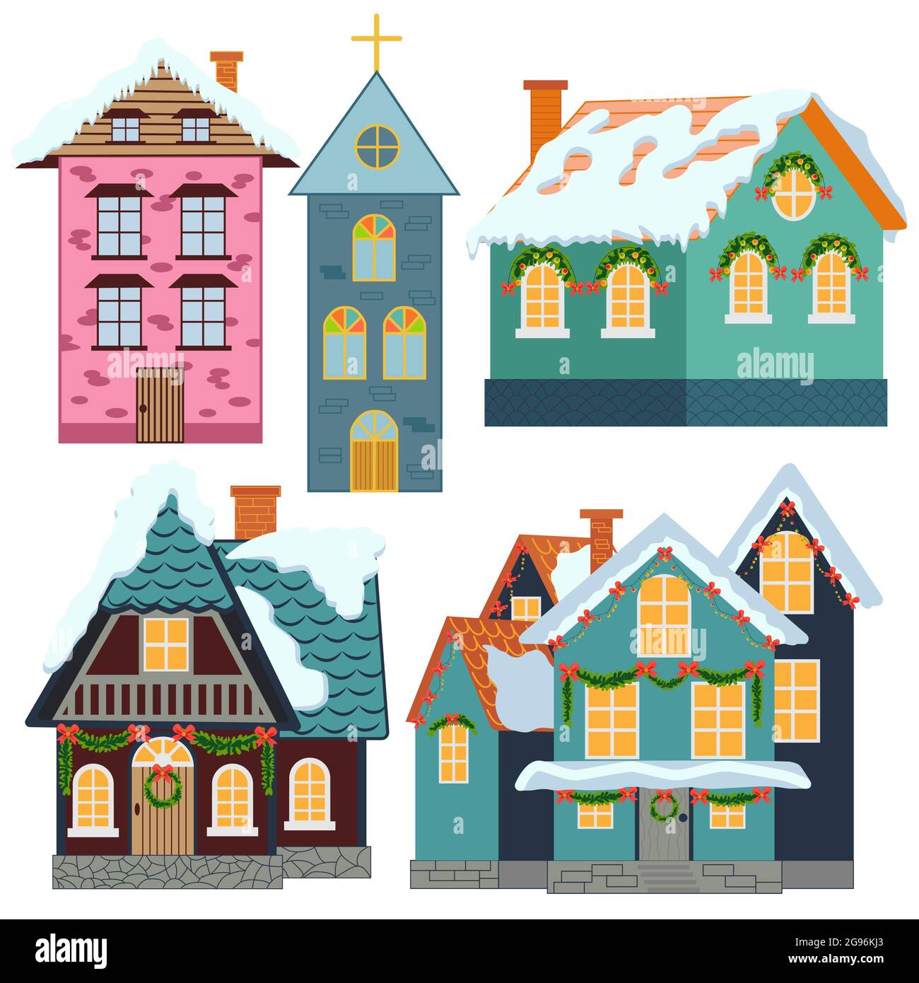 Set of isolated decorated buildings for new year and christmas ...