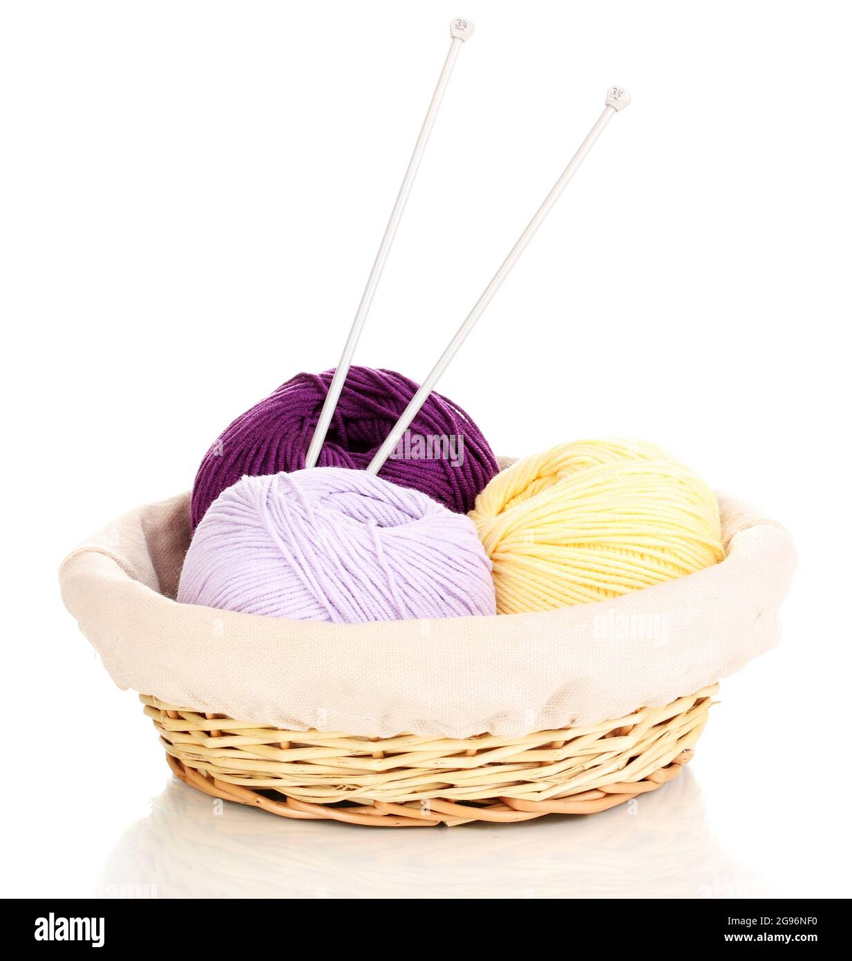 Knitting yarn in basket isolated on white Stock Photo - Alamy