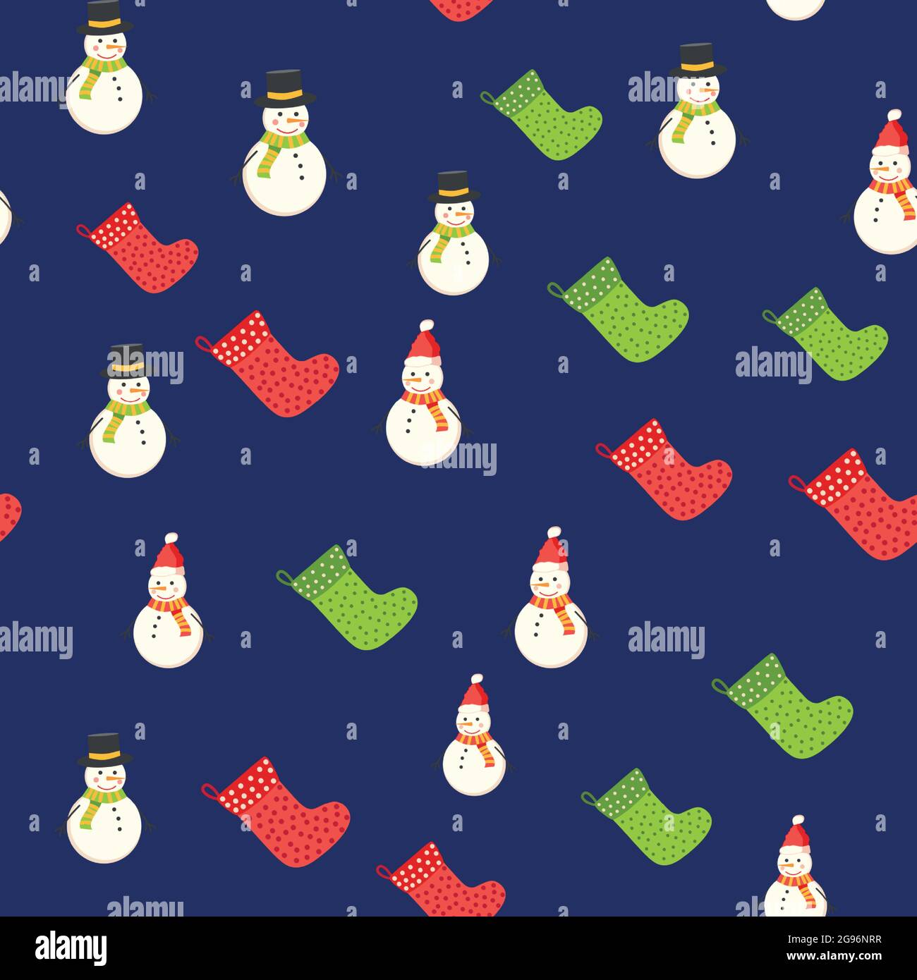 Seamless pattern with cute cartoon Christmas snowman and stocking with ...