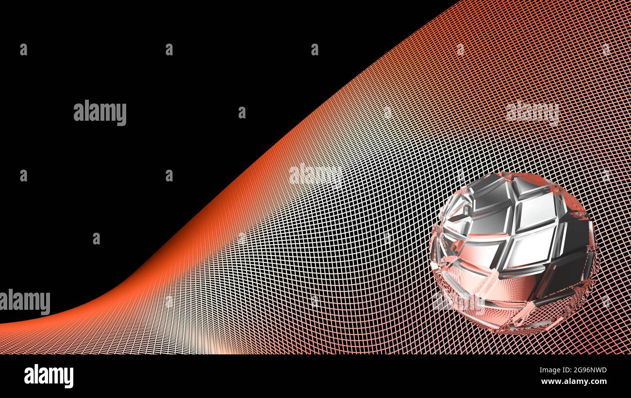 Abstract metallic embossed sphere on a red curved grid, over black ...