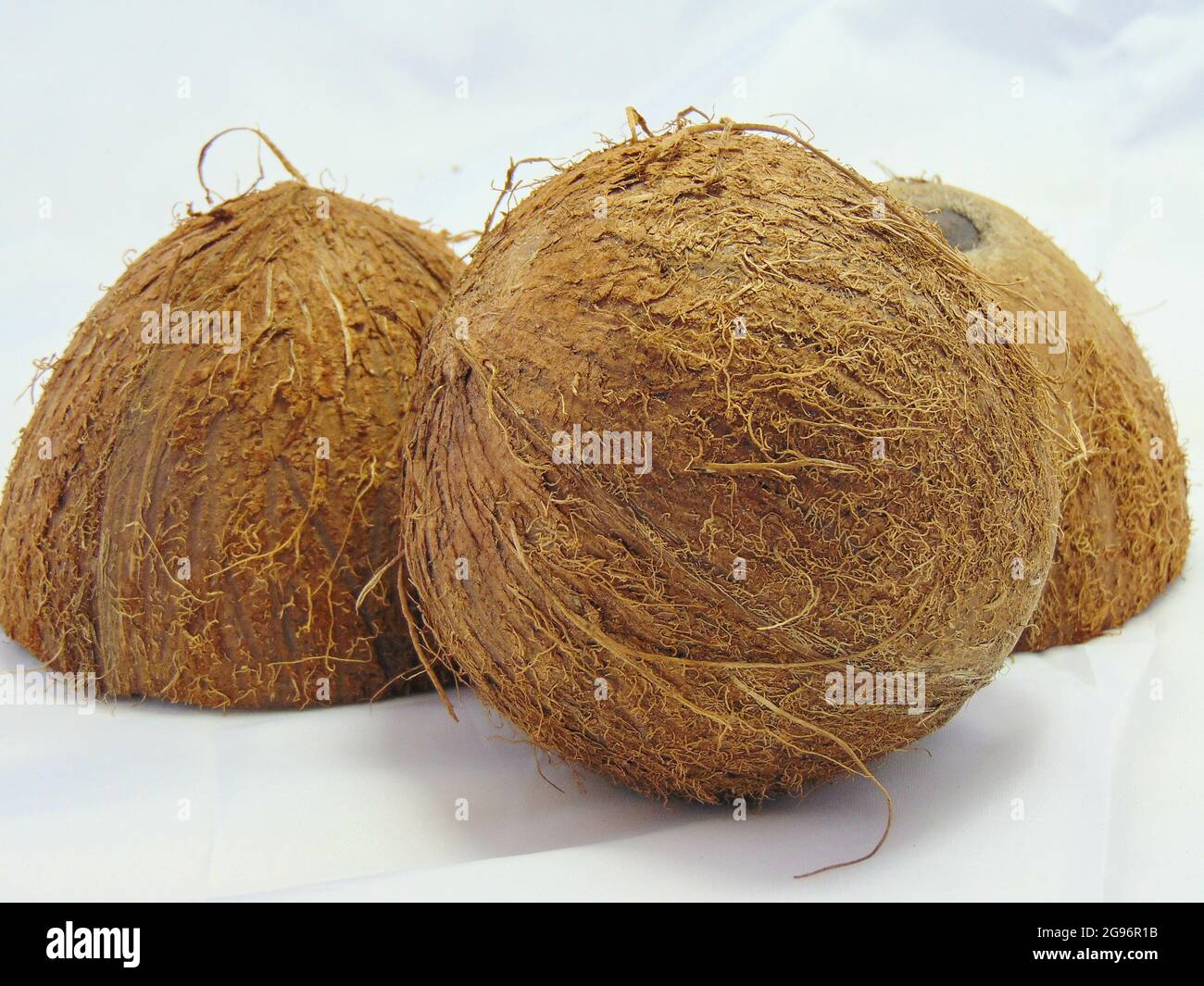 Close up of one coconut and two half of coconut on an isolated white ...
