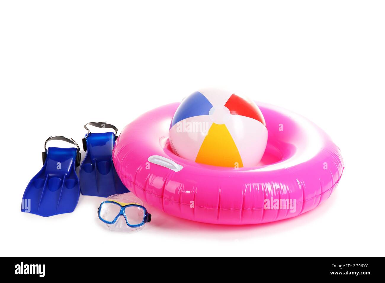 life ring, inflatable ball, flippers and mask isolated on white Stock ...
