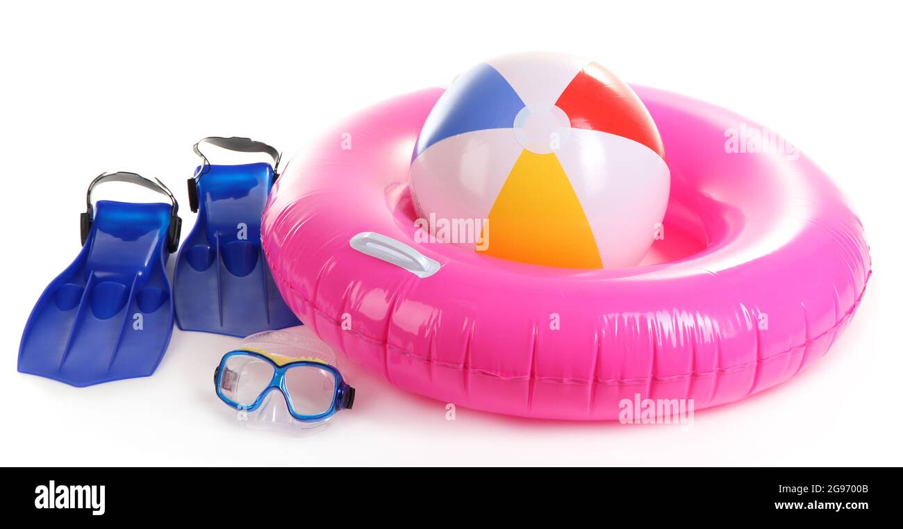life ring, inflatable ball, flippers and mask isolated on white Stock ...