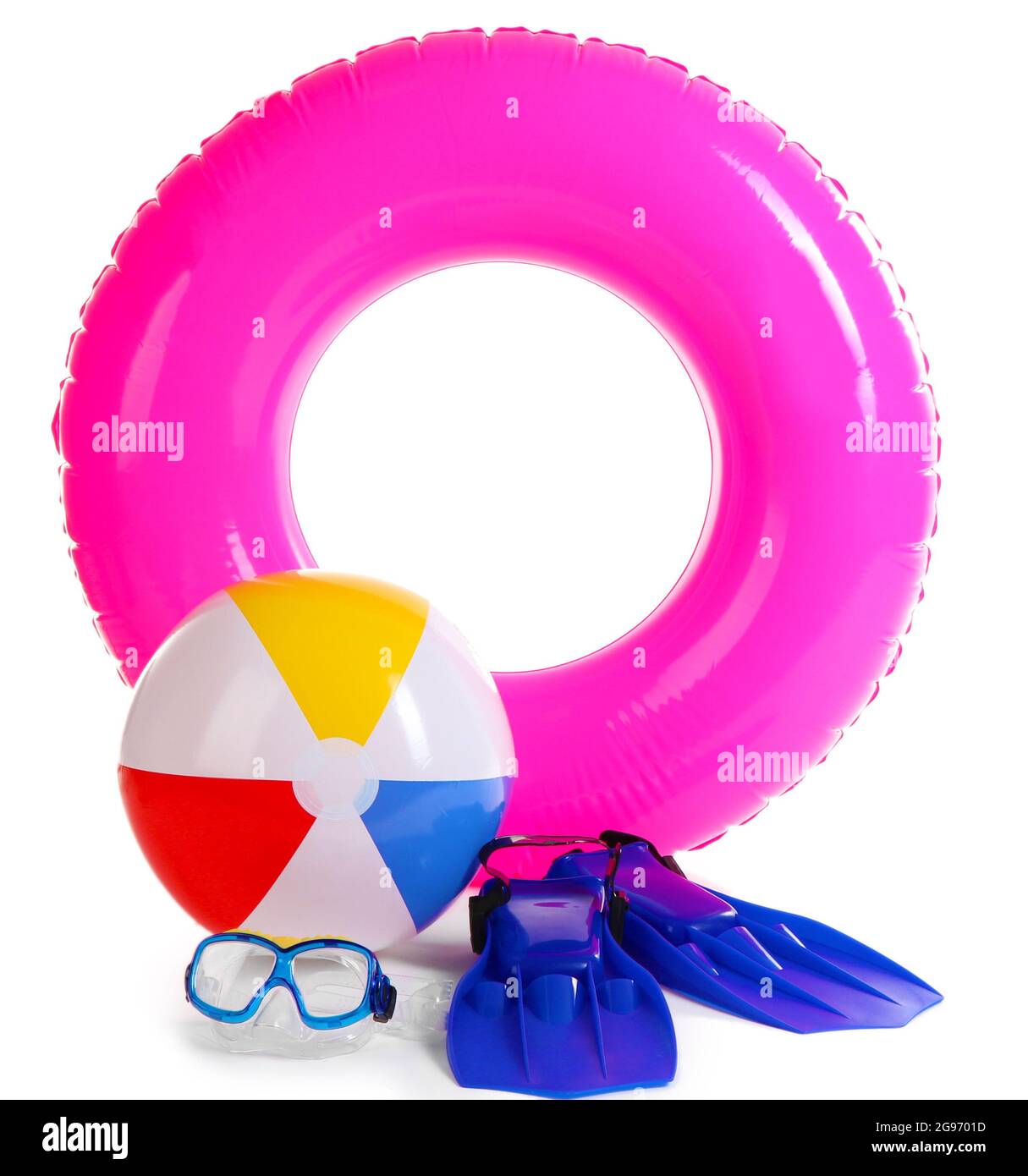 life ring, inflatable ball, flippers and mask isolated on white Stock ...