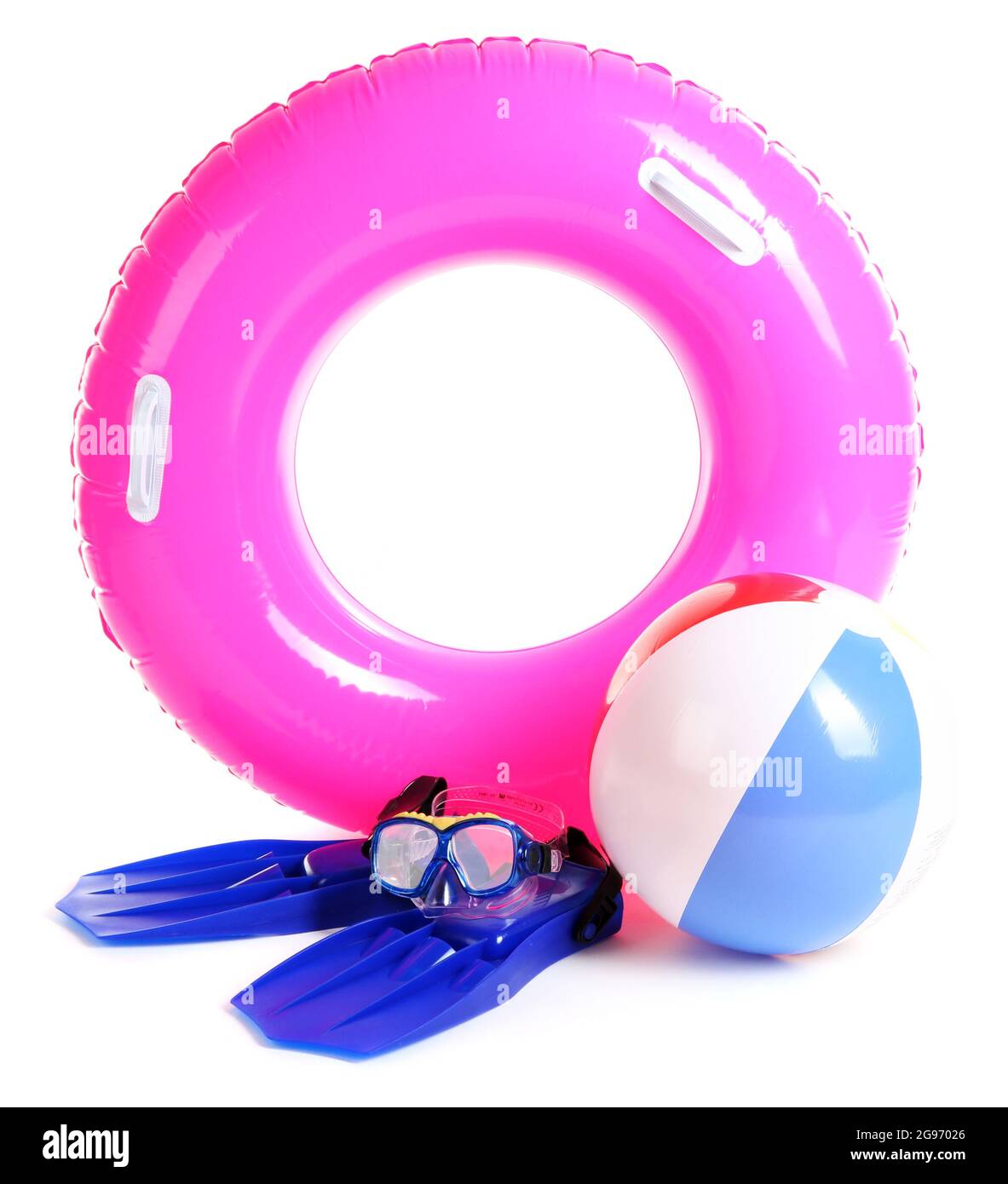 life ring, inflatable ball, flippers and mask isolated on white Stock ...