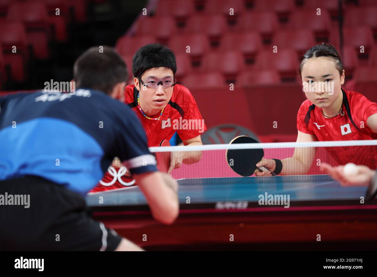Tokyo, Japan. 24th July, 2021. (L to R) Jun Mizutani (JPN), Mima Ito ...