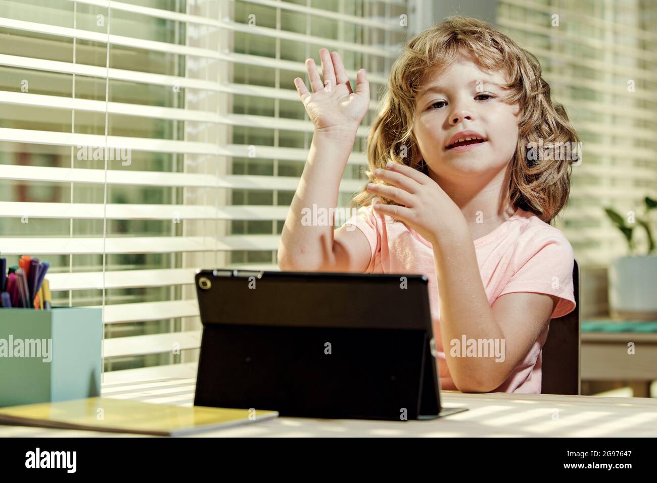 Child home schooling. Online school. Little boy student online learning ...