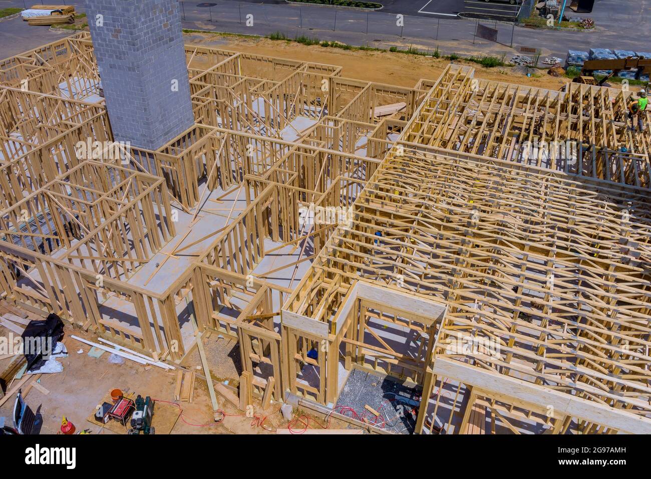 Wood building frame structure on a new development framing of new house ...