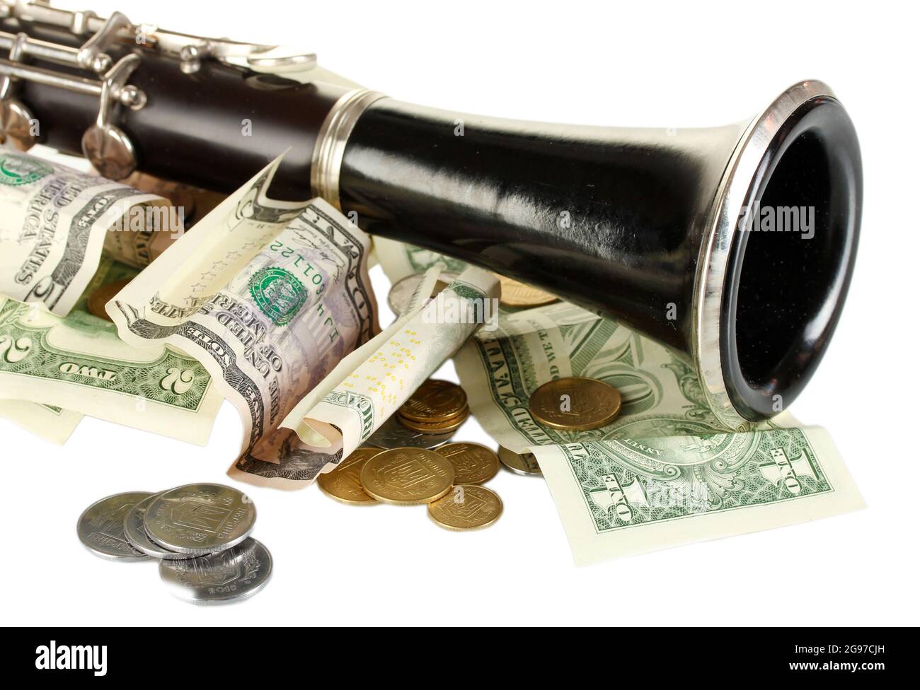 musical instrument with money isolated on white Stock Photo - Alamy