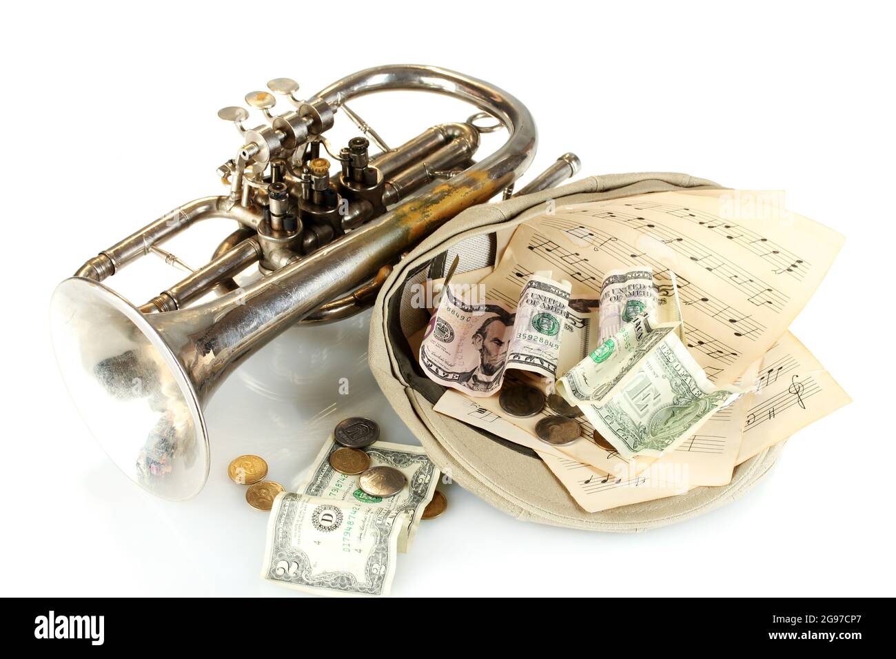 musical instrument with money isolated on white Stock Photo - Alamy