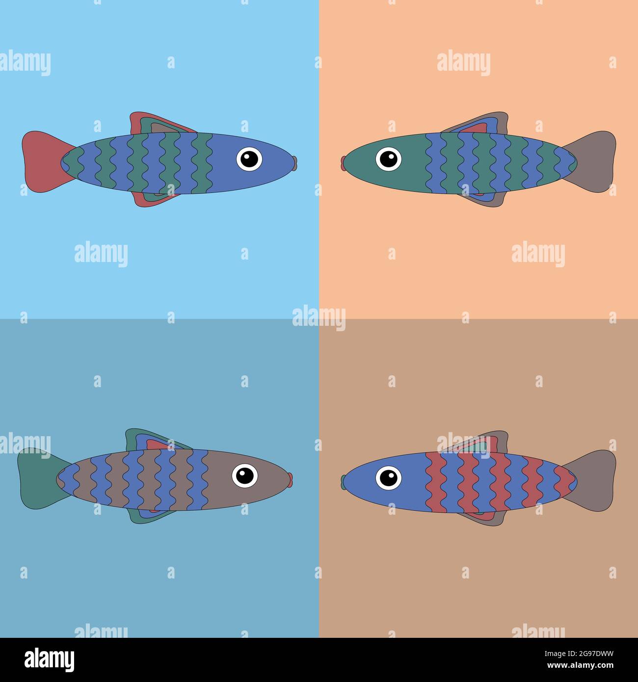 Set of vector multicolored blue cute fish on isolated background. Fish ...