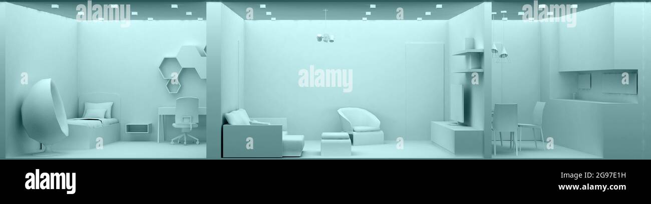 cutaway interior of three rooms in plain color. 3d rendering Stock ...