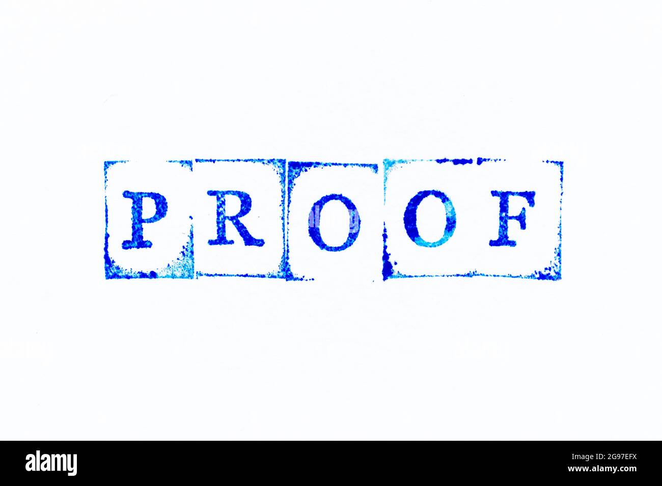 Blue color ink rubber stamp in word proof on white paper background ...