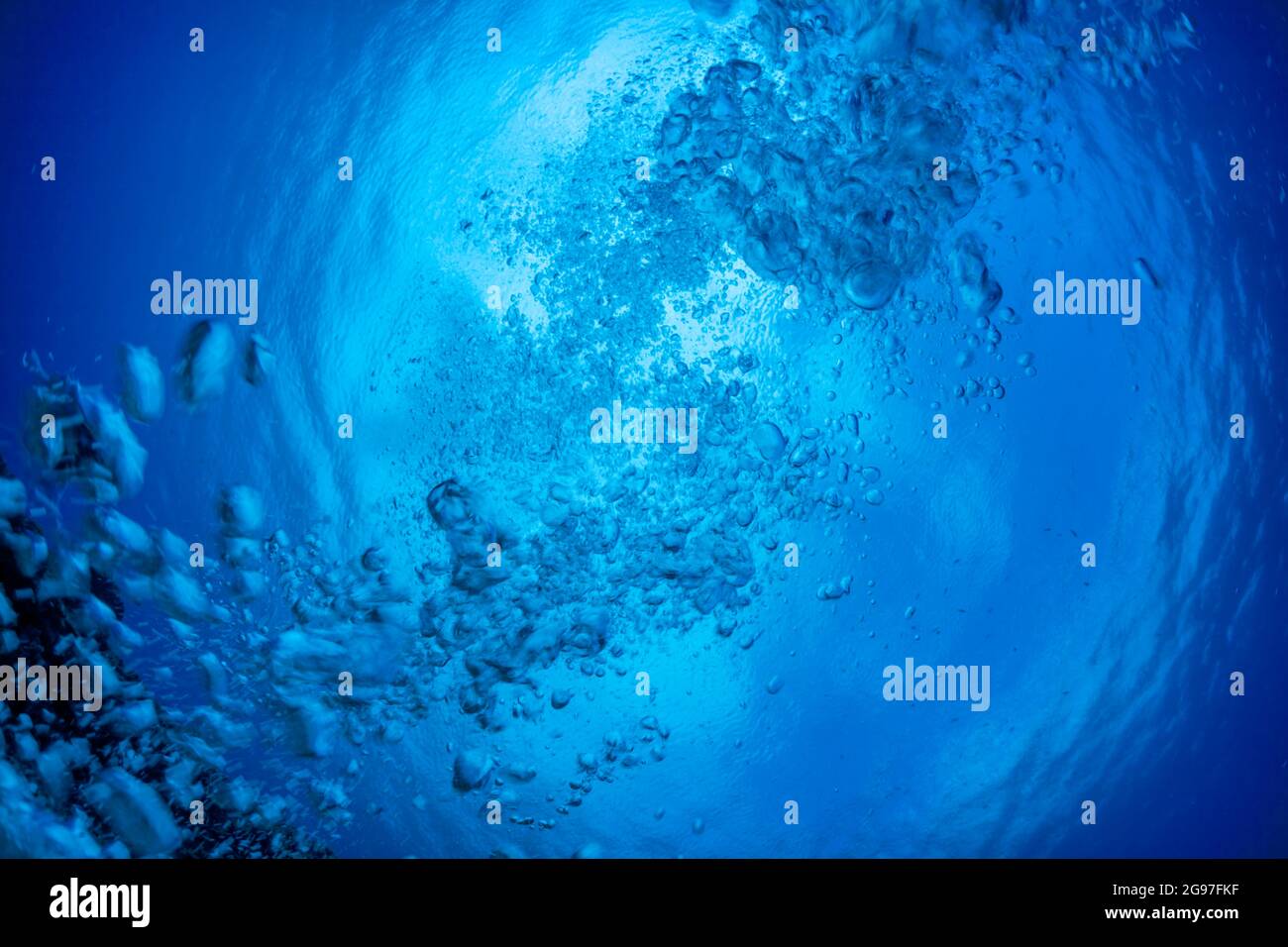 Bubbles rising through clear blue ocean water to the surface, Hawaii ...