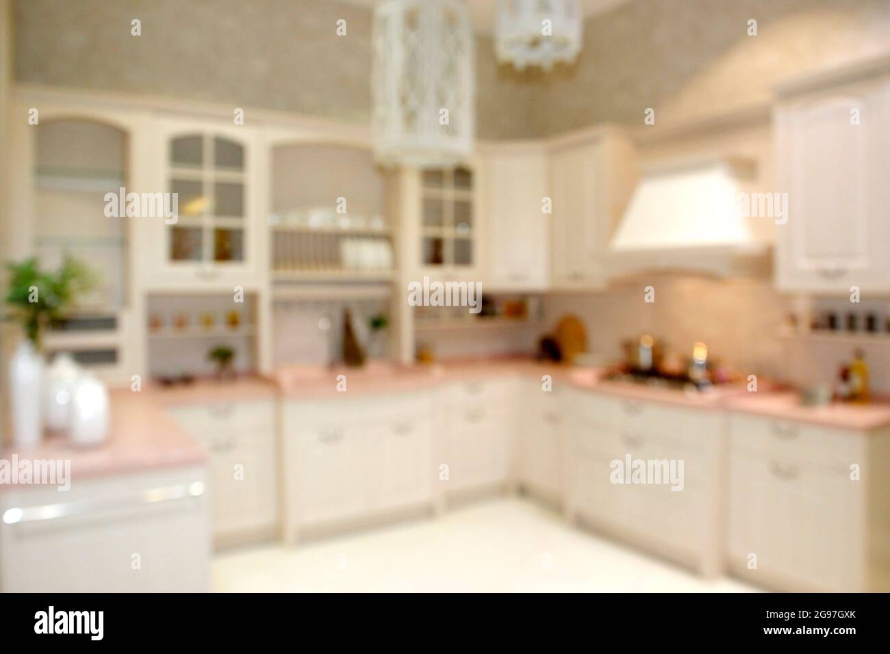 blurred modern kitchen interior design as background Stock Photo - Alamy