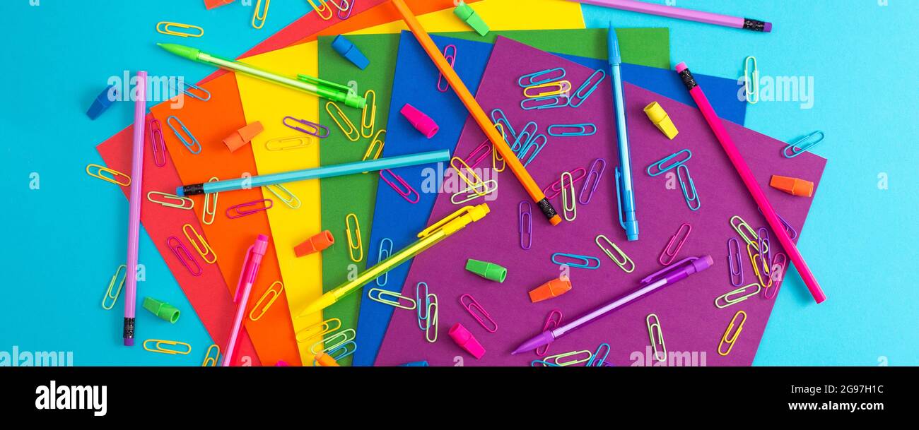Background of Rainbow Colored School and Office Supplies Stock Photo ...
