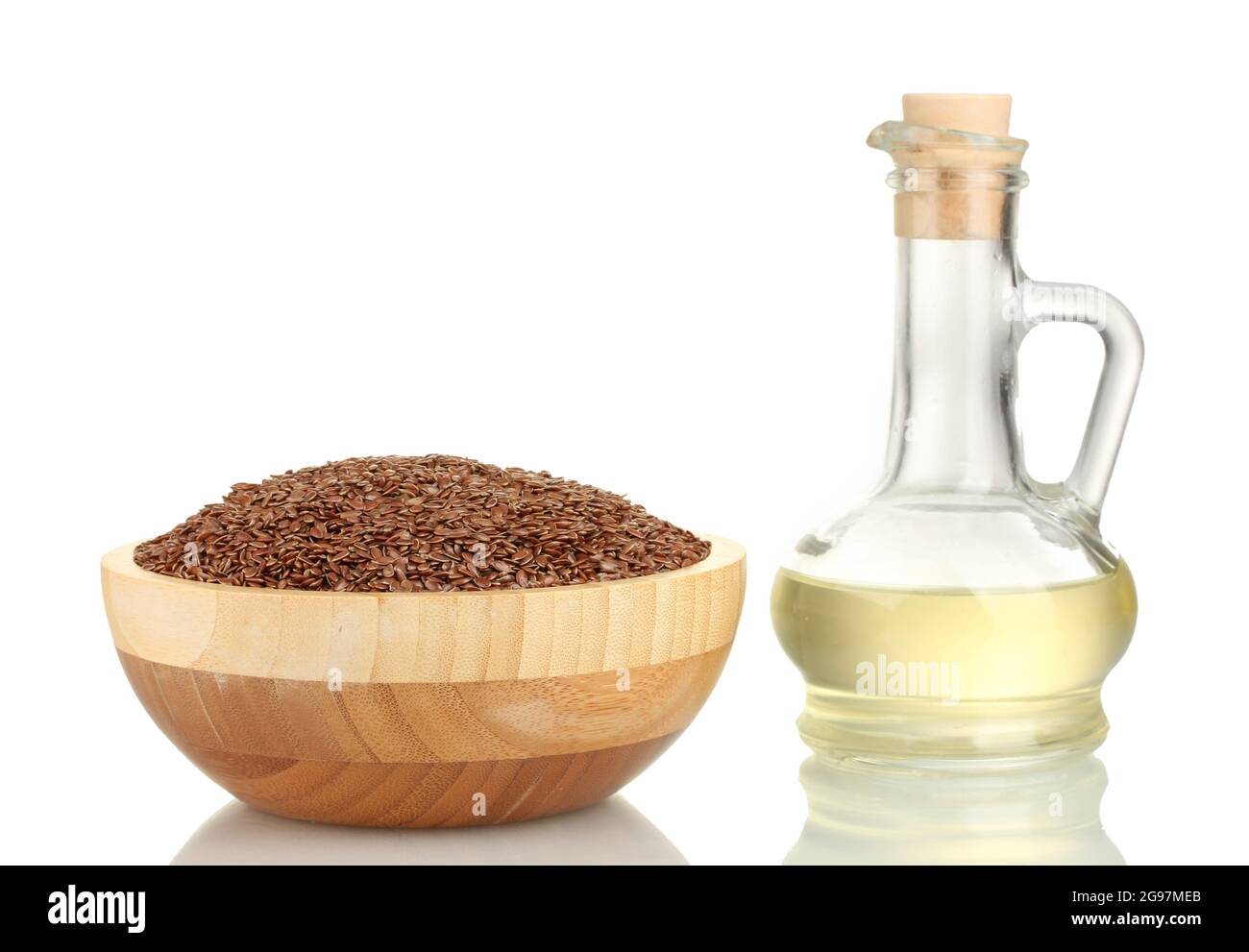 linseed oil with flax seeds isolated on white Stock Photo - Alamy