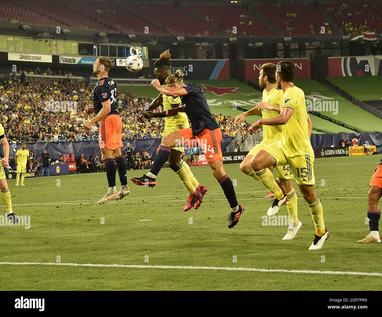 July 24, 2021: Nashville SC forward C.J. Sapong (17) heads a ball over ...