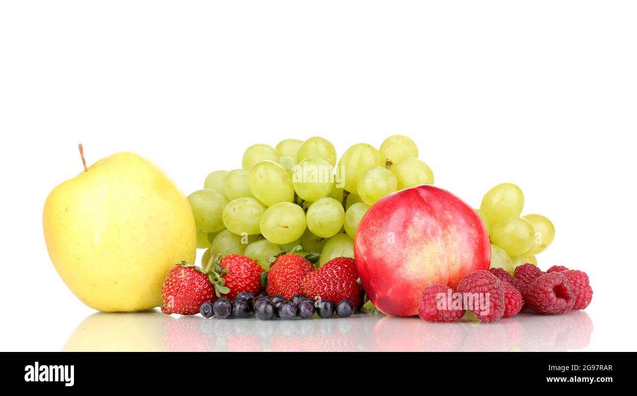 Mix of ripe sweet fruits and berries isolated on white Stock Photo - Alamy