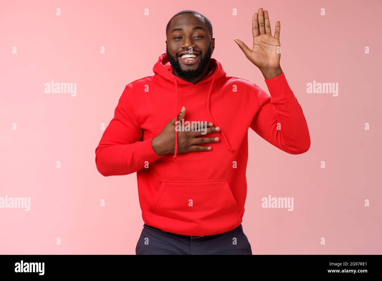 Smiling friendly african-american sincere man raise palm hold hand ...