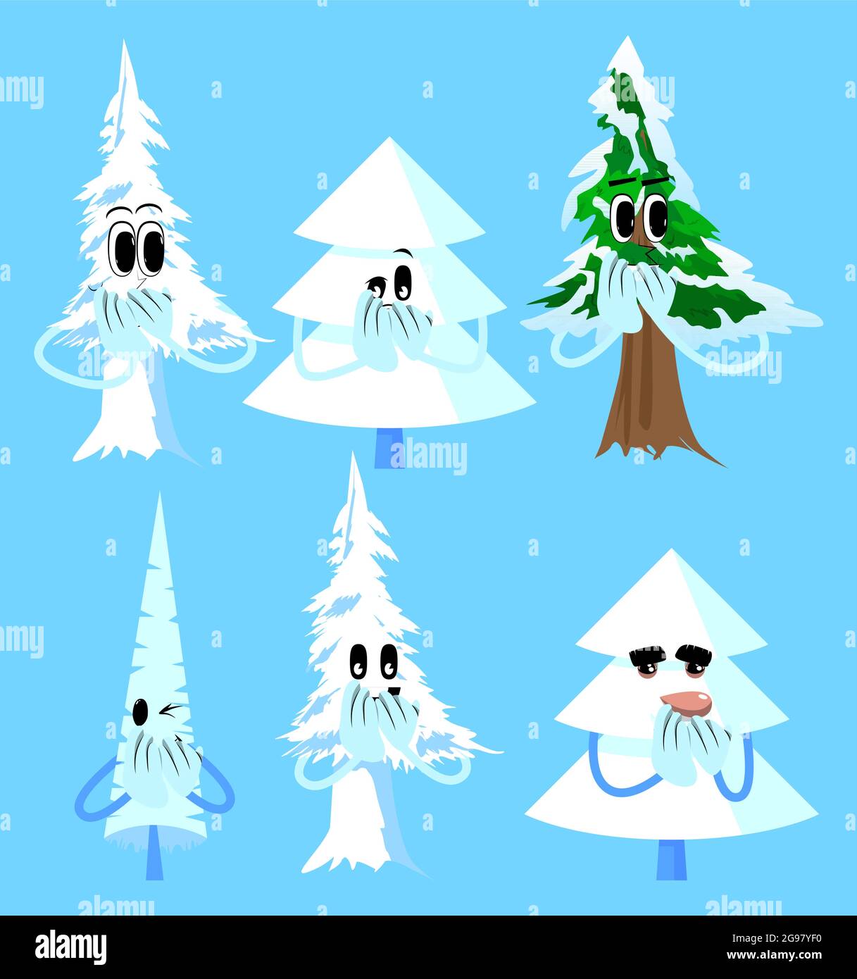 Cartoon winter pine trees with faces with hands over mouth. Cute forest ...