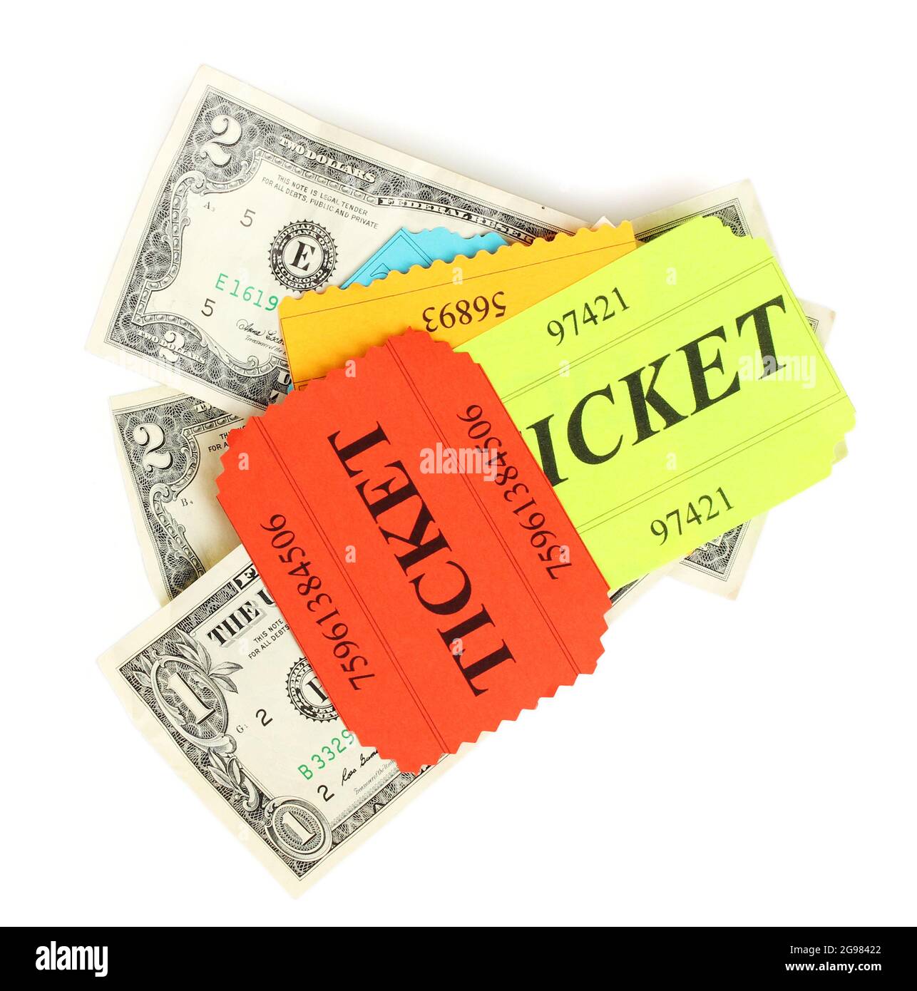 Colorful tickets with money isolated on white Stock Photo - Alamy