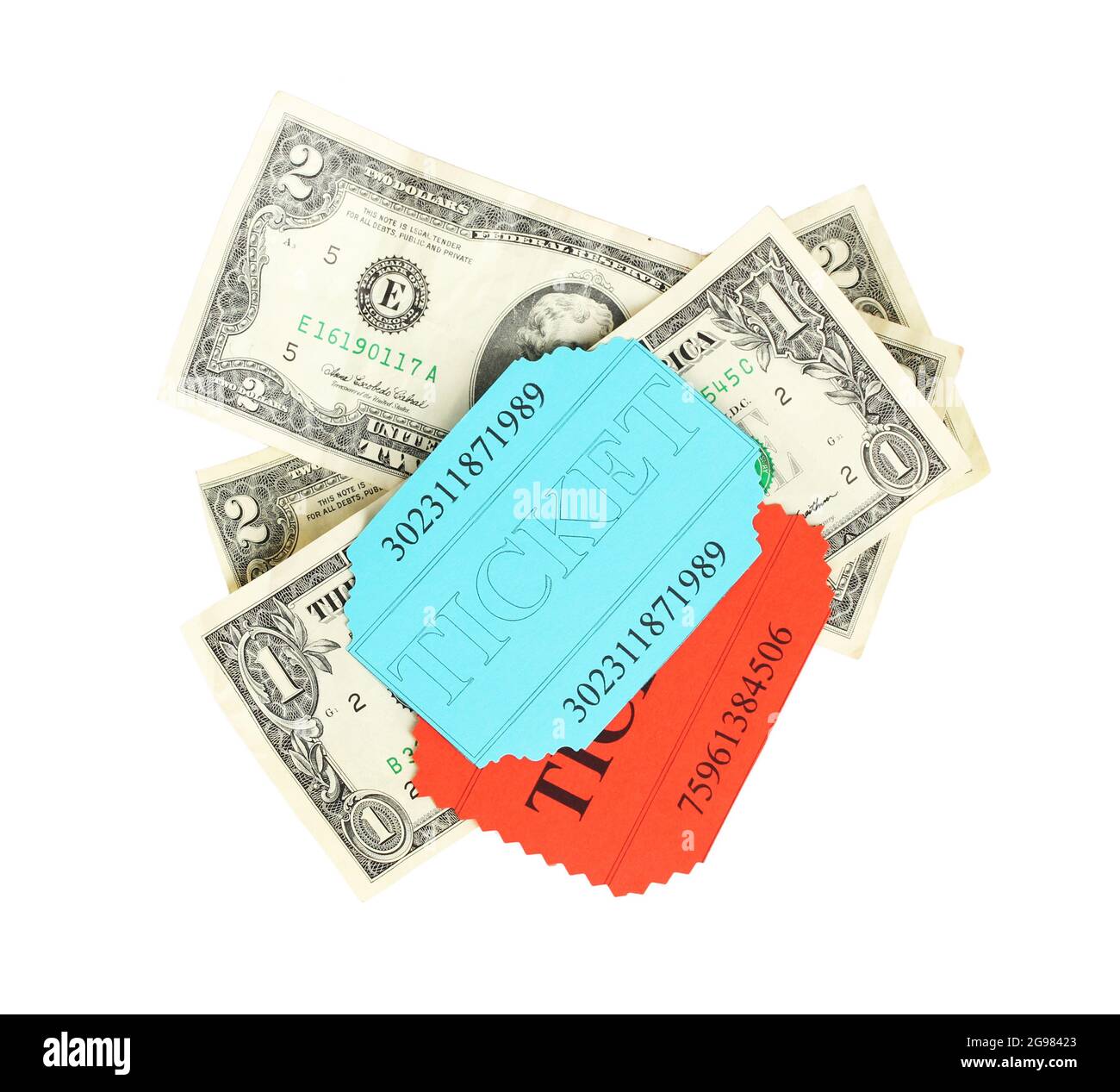 Colorful tickets with money isolated on white Stock Photo - Alamy