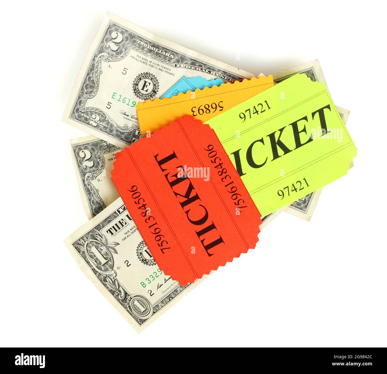 Colorful tickets with money isolated on white Stock Photo - Alamy