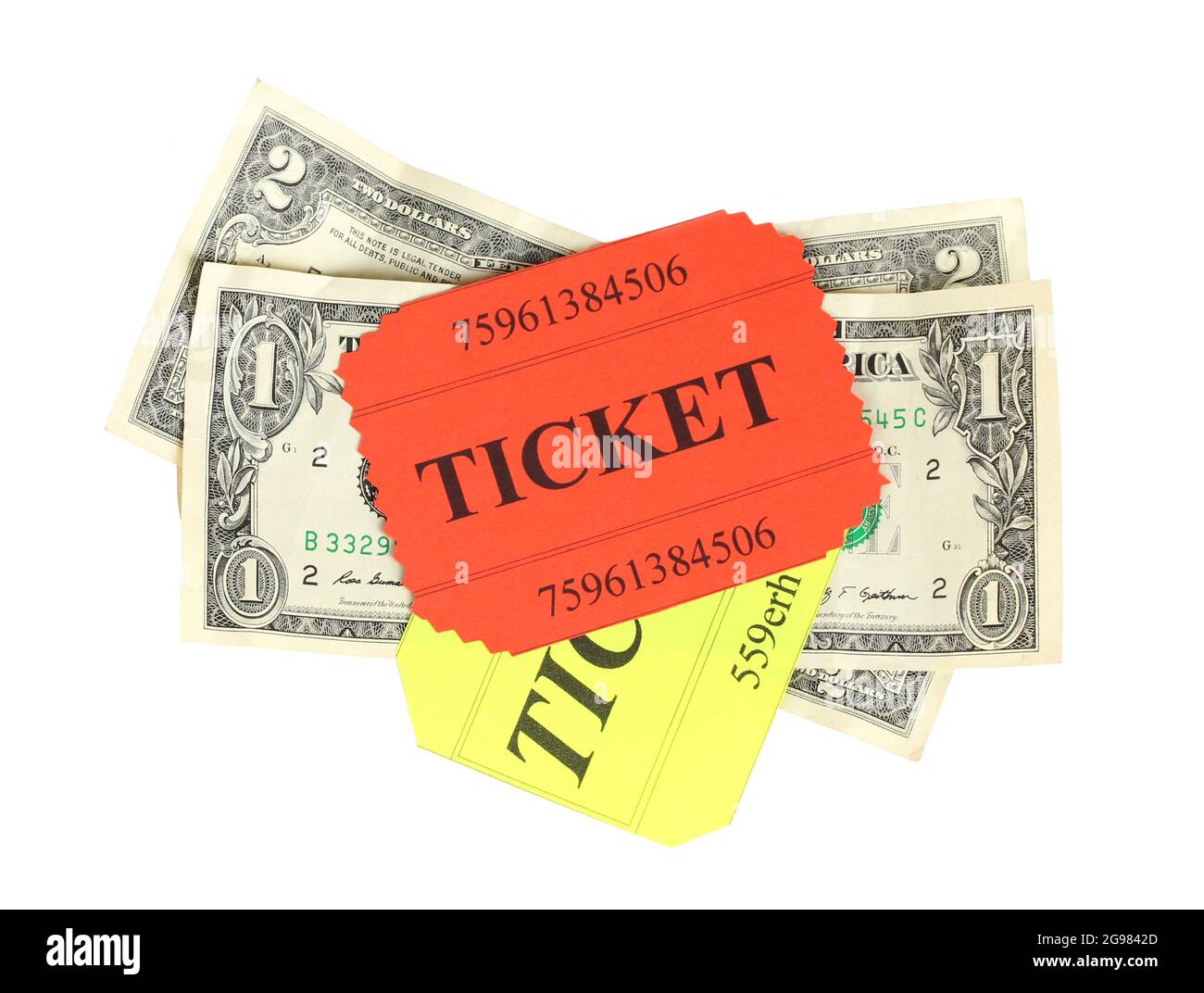 Colorful tickets with money isolated on white Stock Photo - Alamy