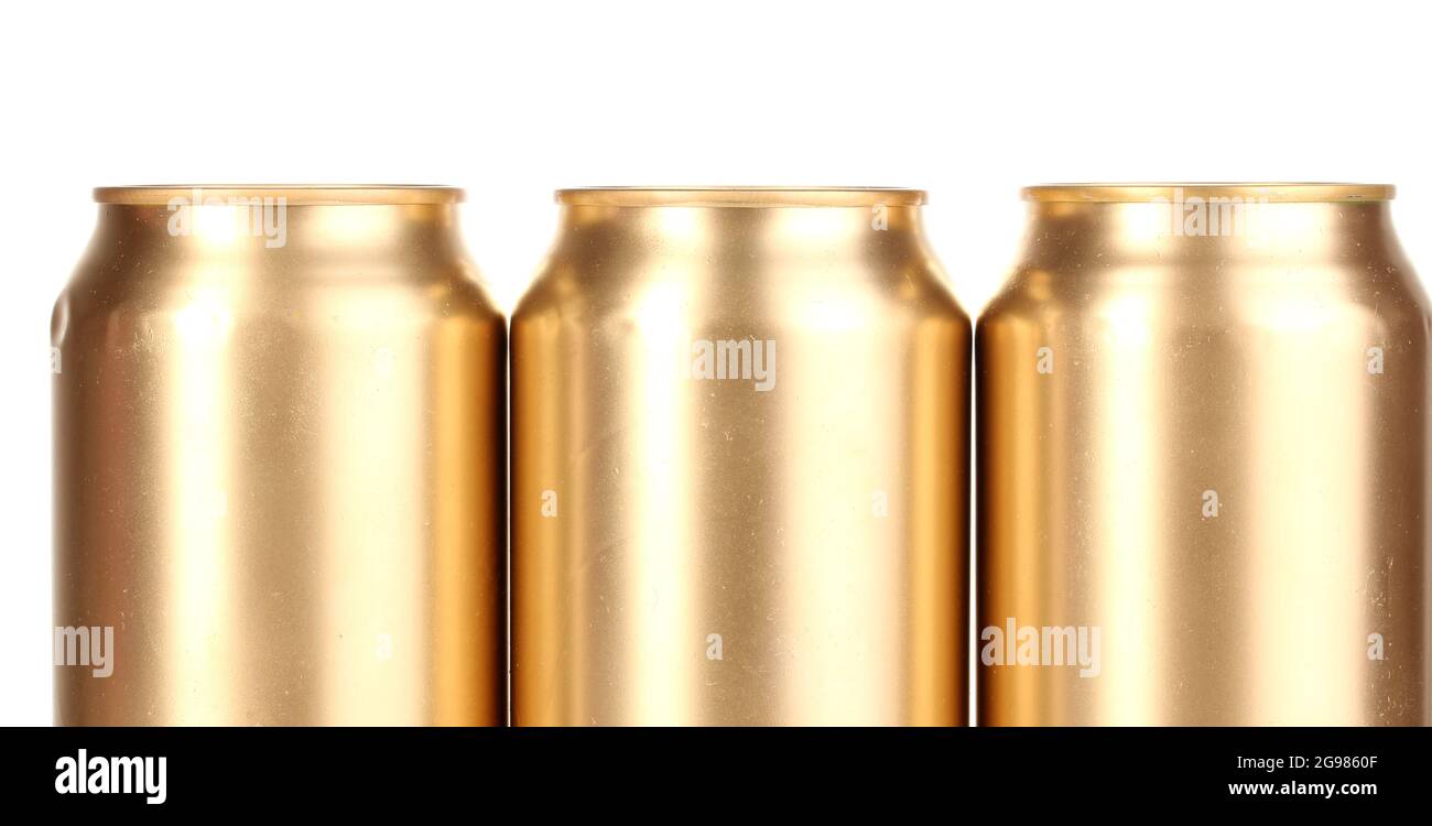 golden cans isolated on white Stock Photo - Alamy