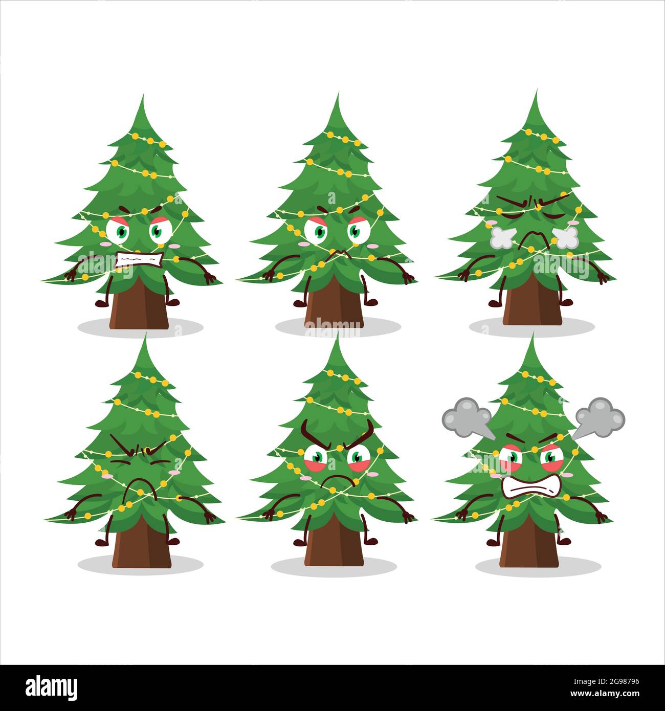 Christmas tree cartoon character with various angry expressions. Vector ...