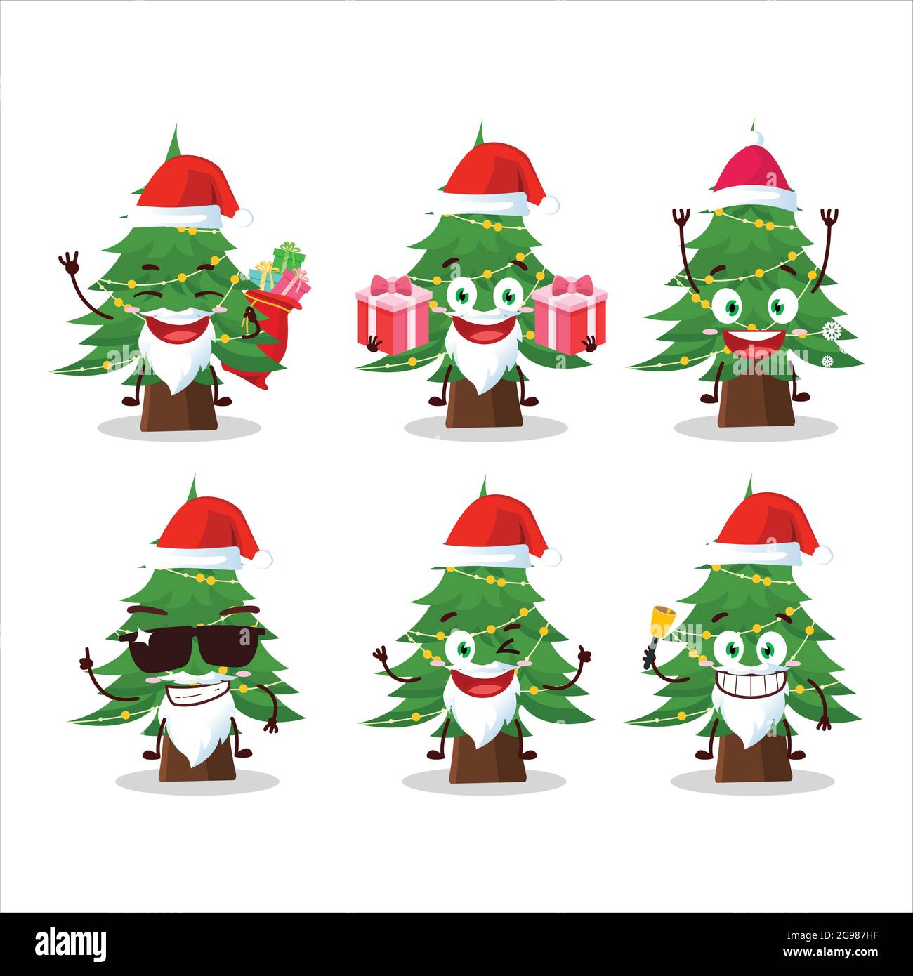 Santa Claus emoticons with christmas tree cartoon character. Vector ...