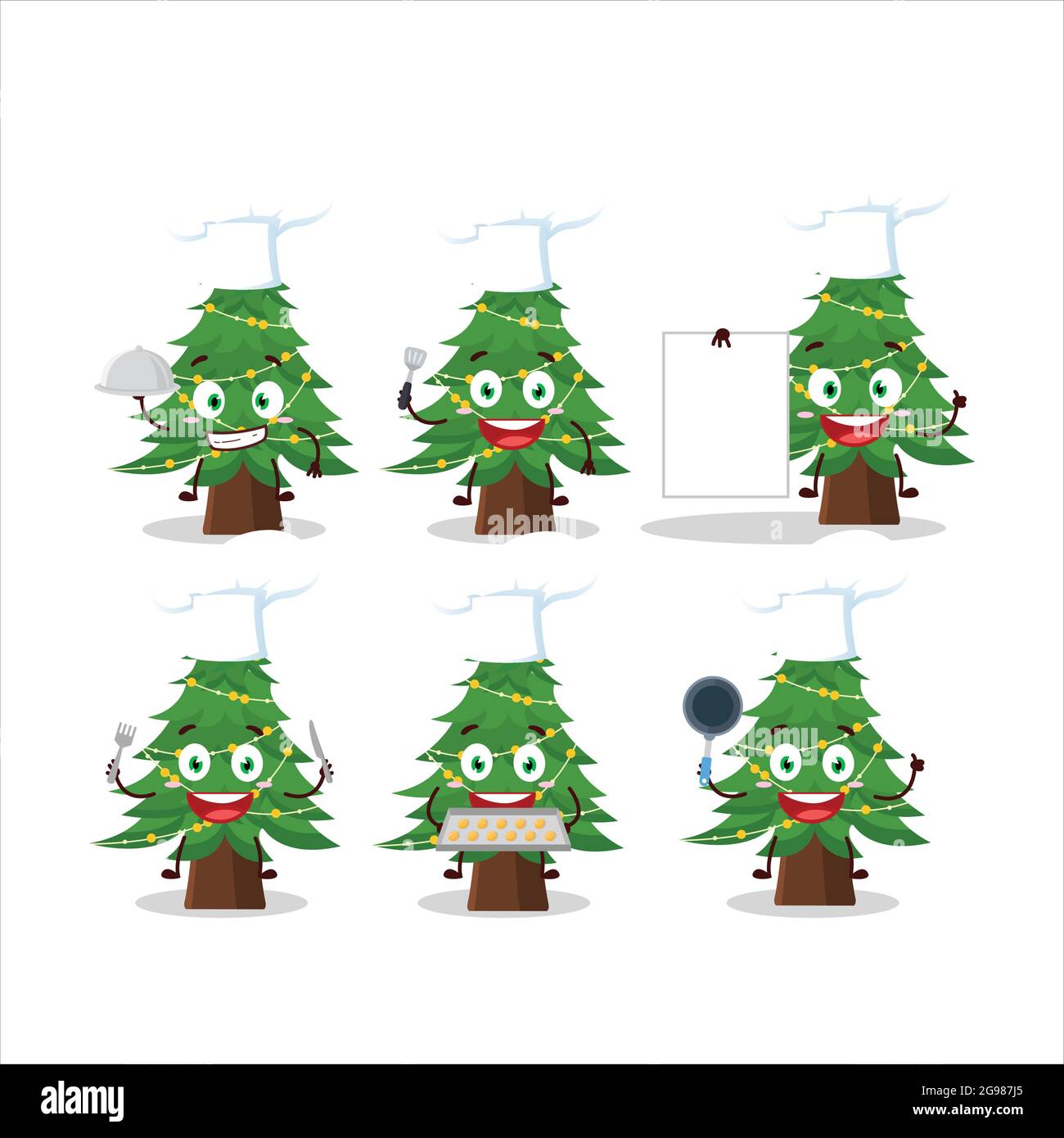 Cartoon character of christmas tree with various chef emoticons. Vector ...