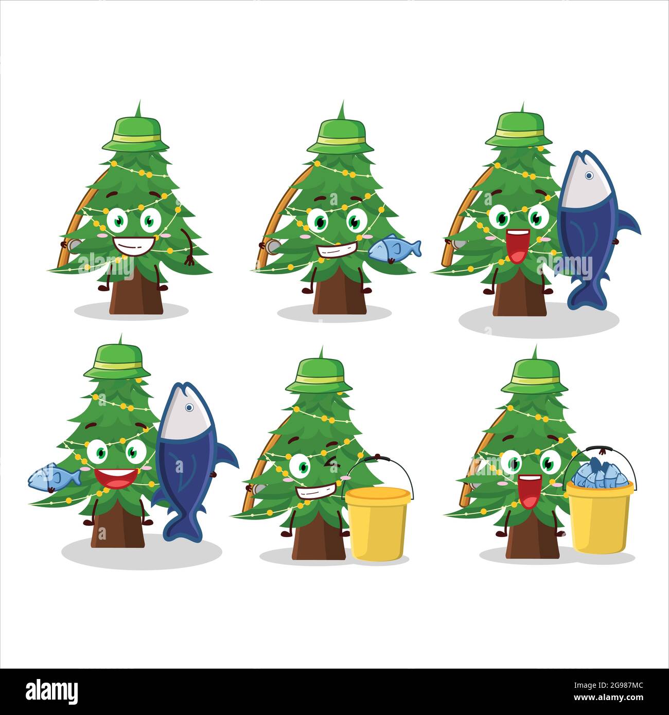A fisherman christmas tree cartoon picture catch a big fish. Vector ...