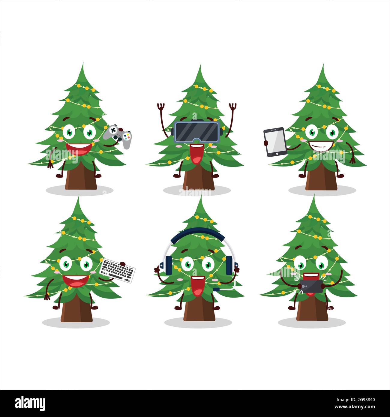 Christmas tree cartoon character are playing games with various cute ...