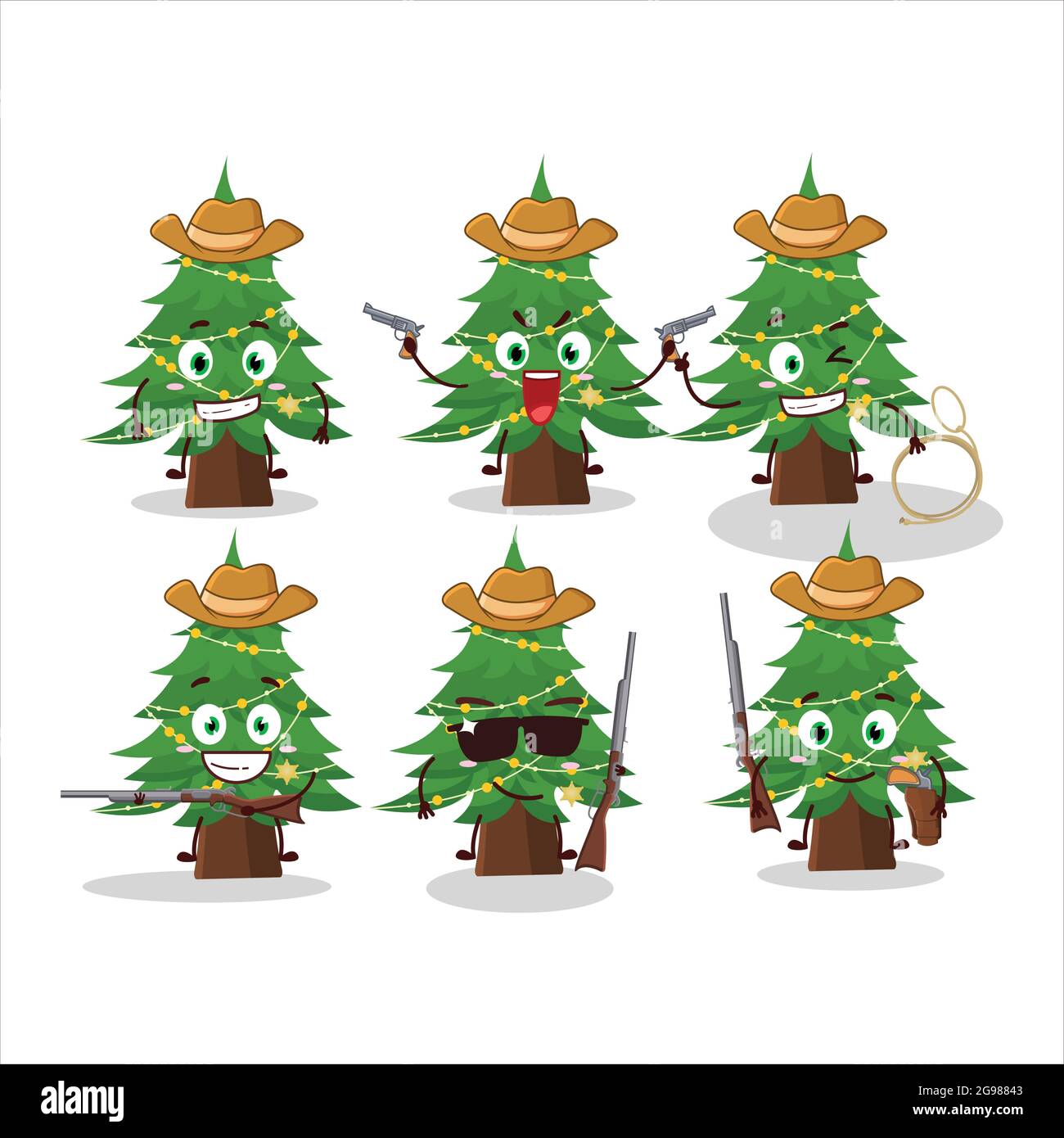 Cool cowboy christmas tree cartoon character with a cute hat. Vector ...