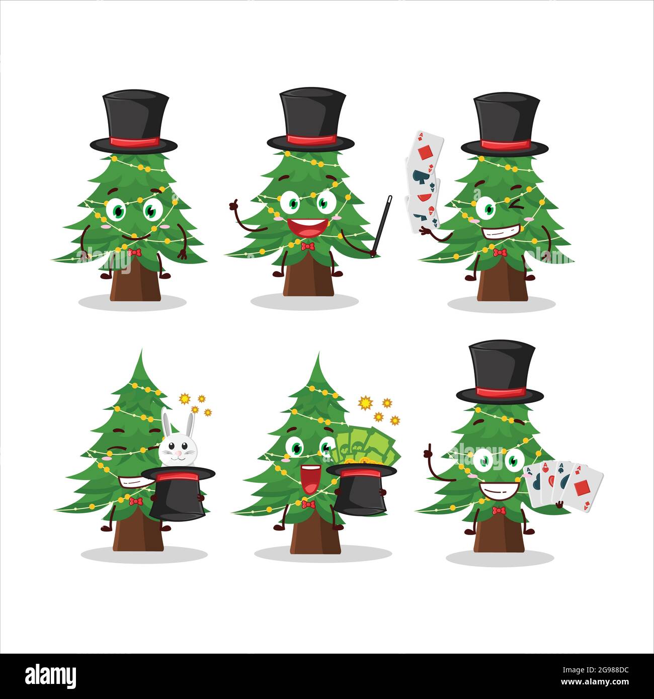 A christmas tree Magician cartoon character perform on a stage. Vector ...