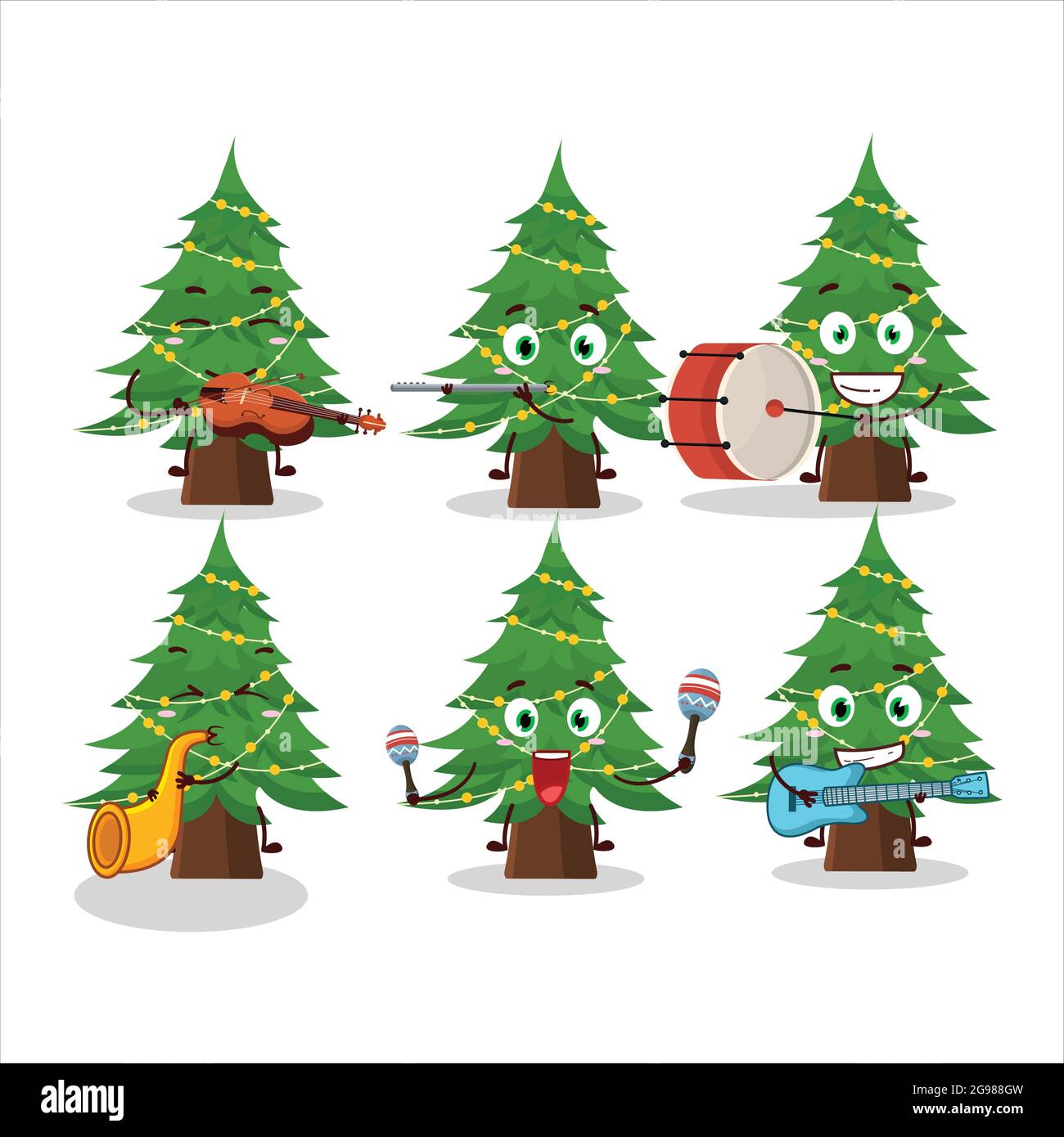 Cartoon character of christmas tree playing some musical instruments ...