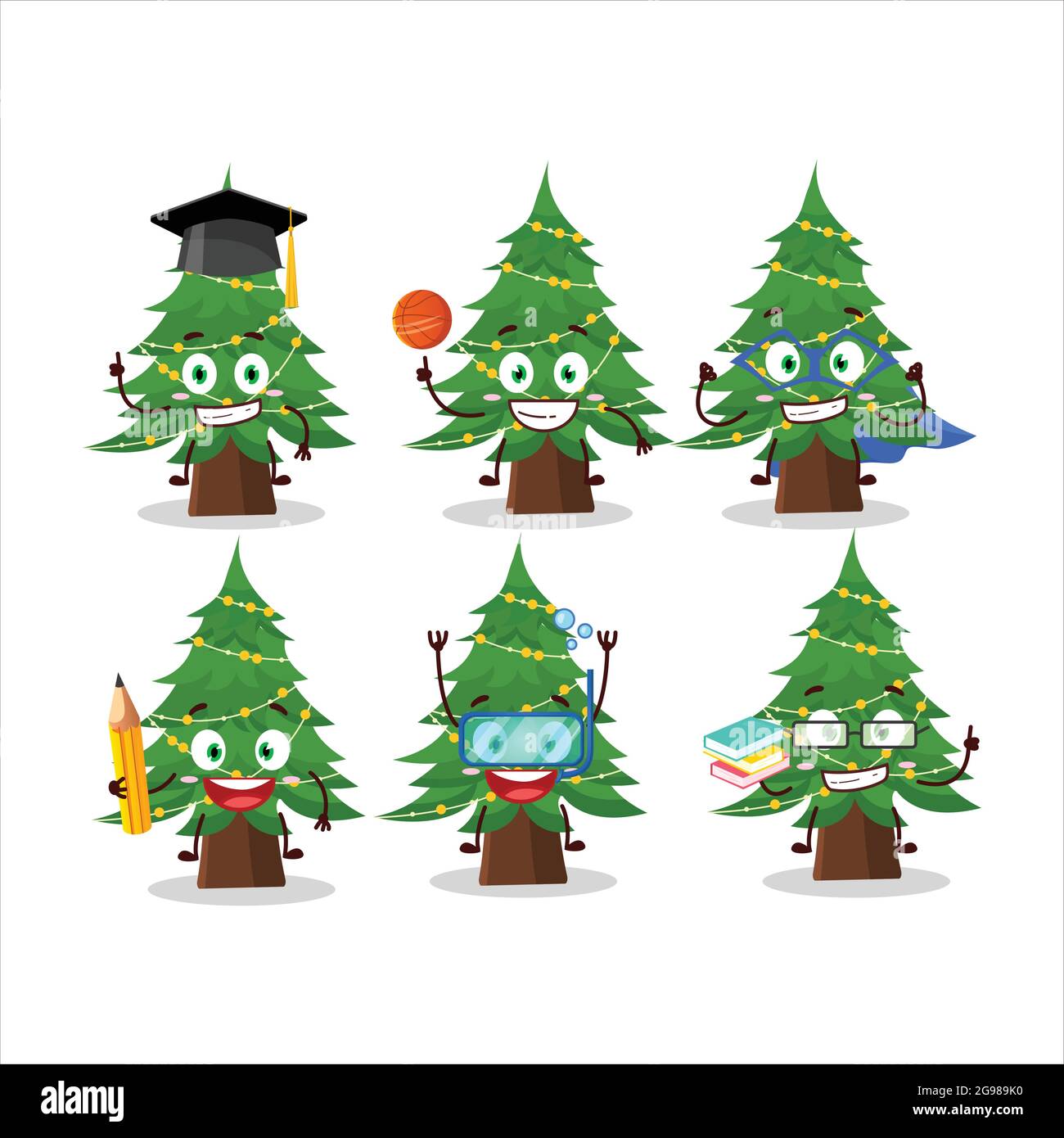 School student of christmas tree cartoon character with various ...
