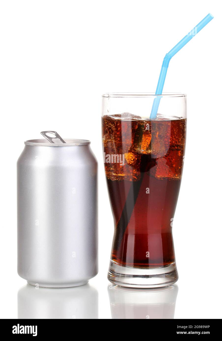 Open aluminum can and glass of cola isolated on white Stock Photo - Alamy
