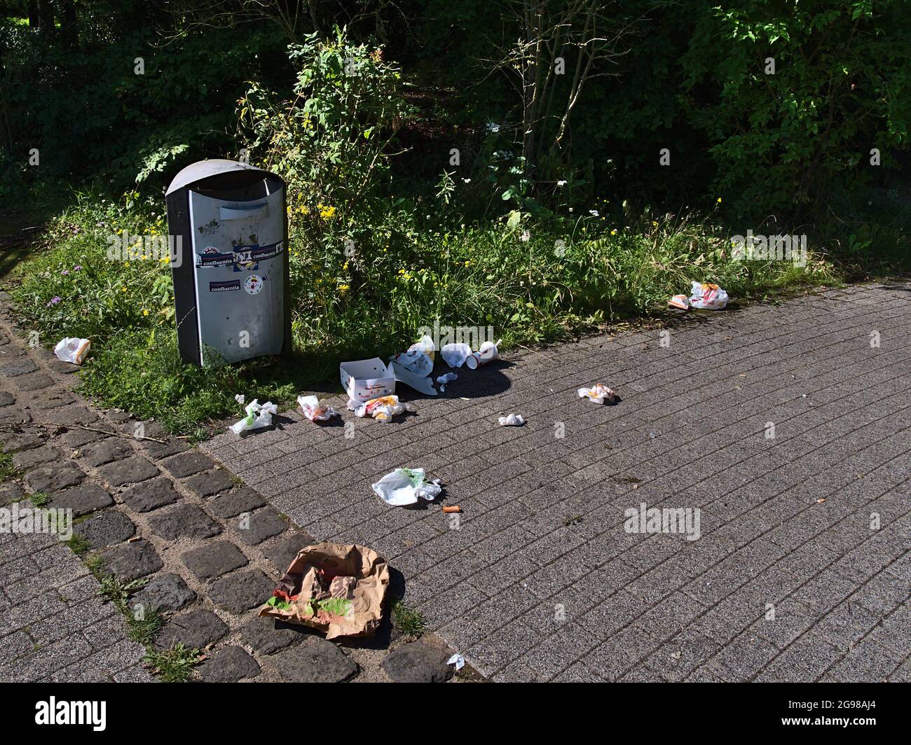 Garbage bin in park area in Koblenz with package waste lying around ...