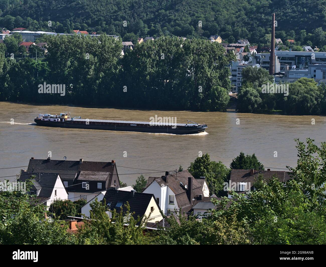 View of cargo barge on Rhine river, an important inland waterway, with ...