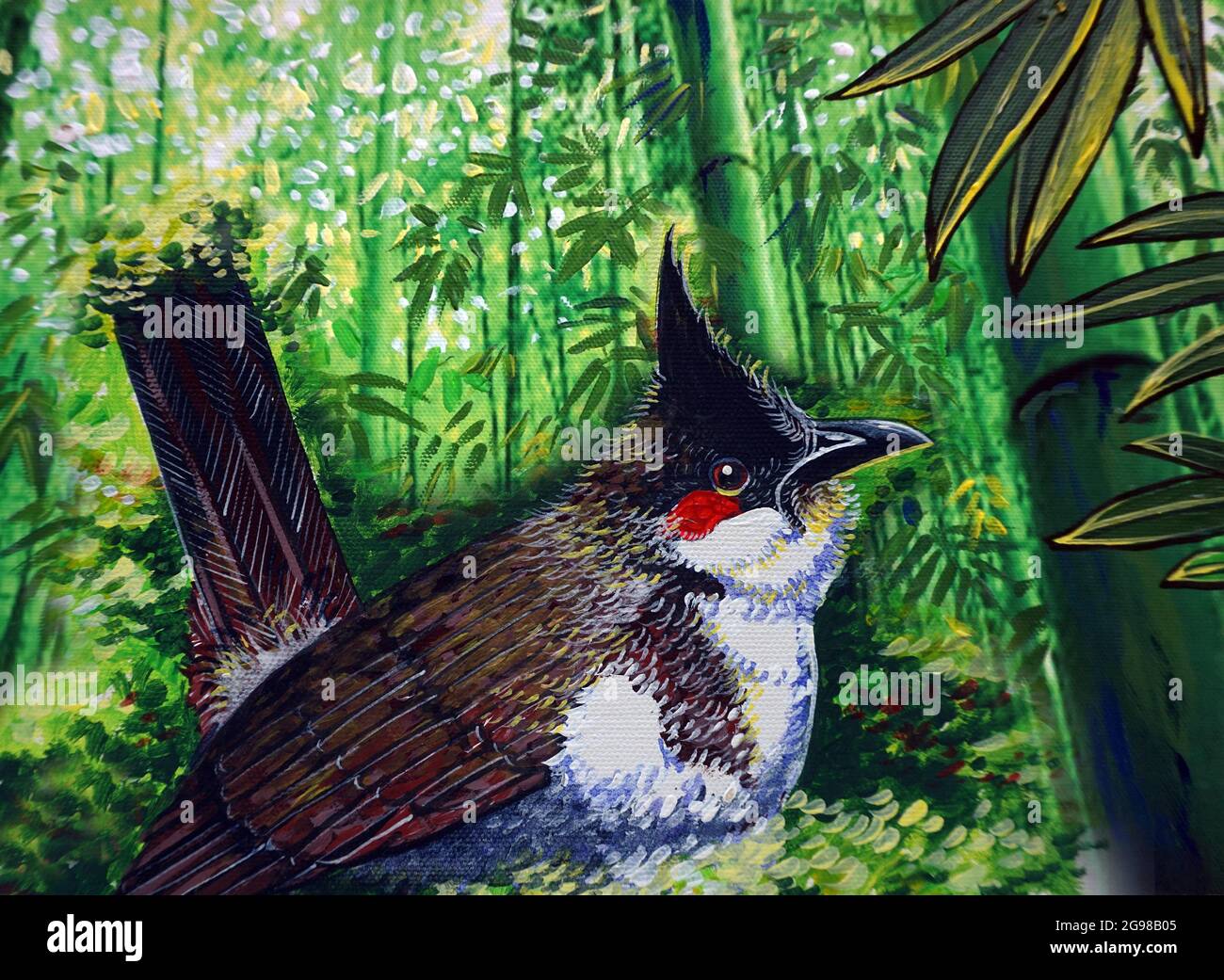 Art painting oil color birds , Red-whiskered bulbul Stock Photo - Alamy