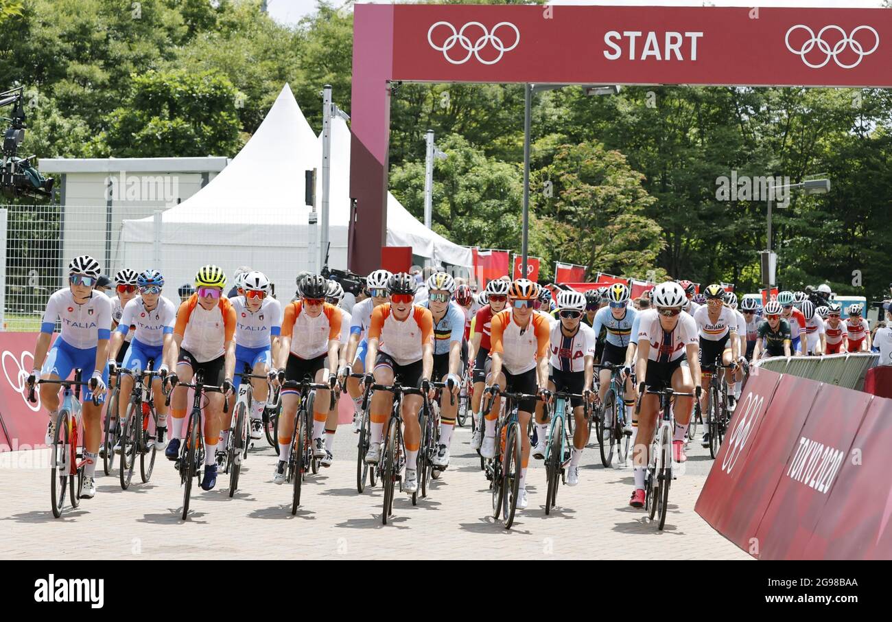 Athletes start the women's cycling road race at the Tokyo Olympics at ...