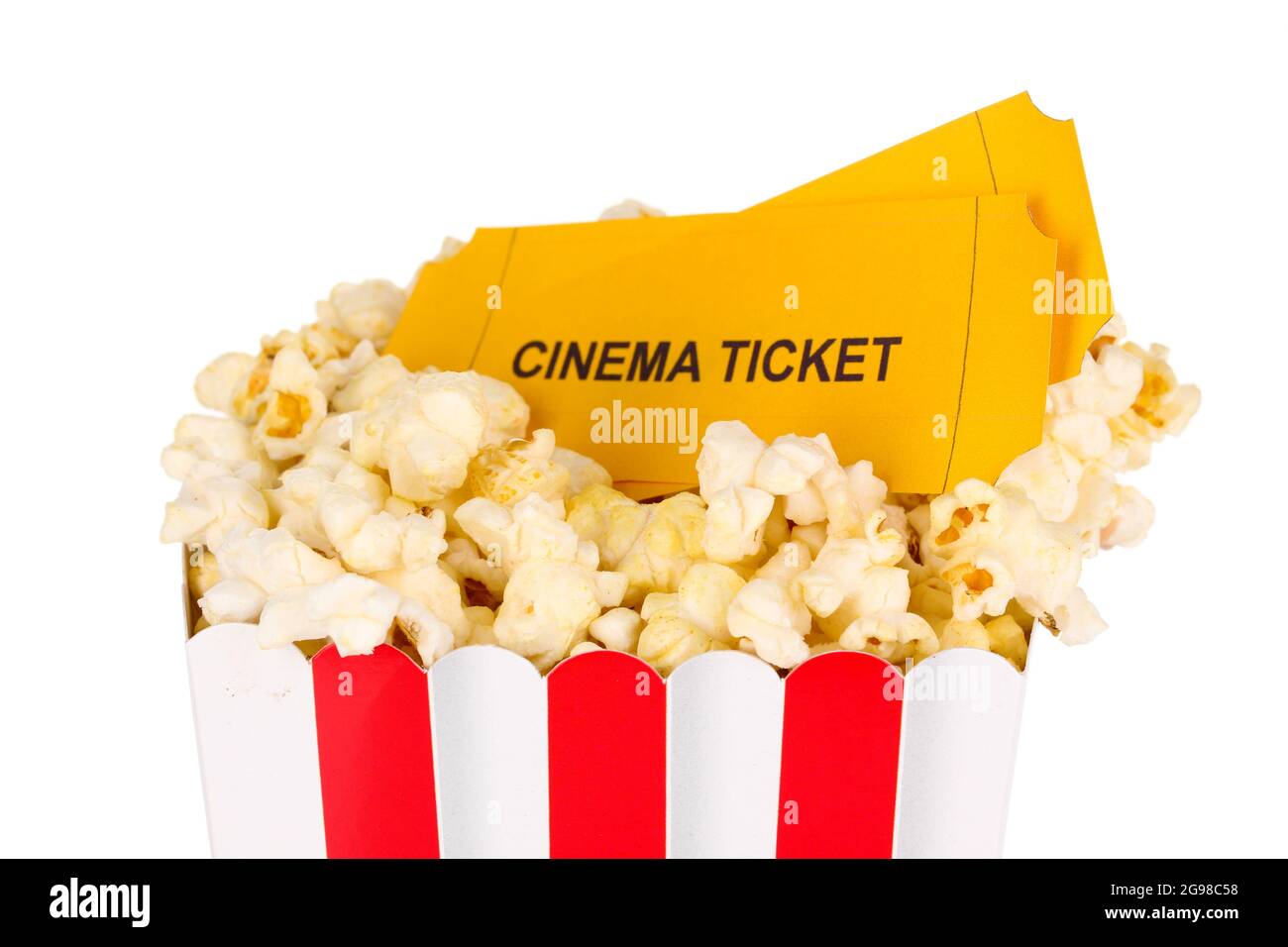 classic box of popcorn and cinema tickets isolated on white Stock Photo ...