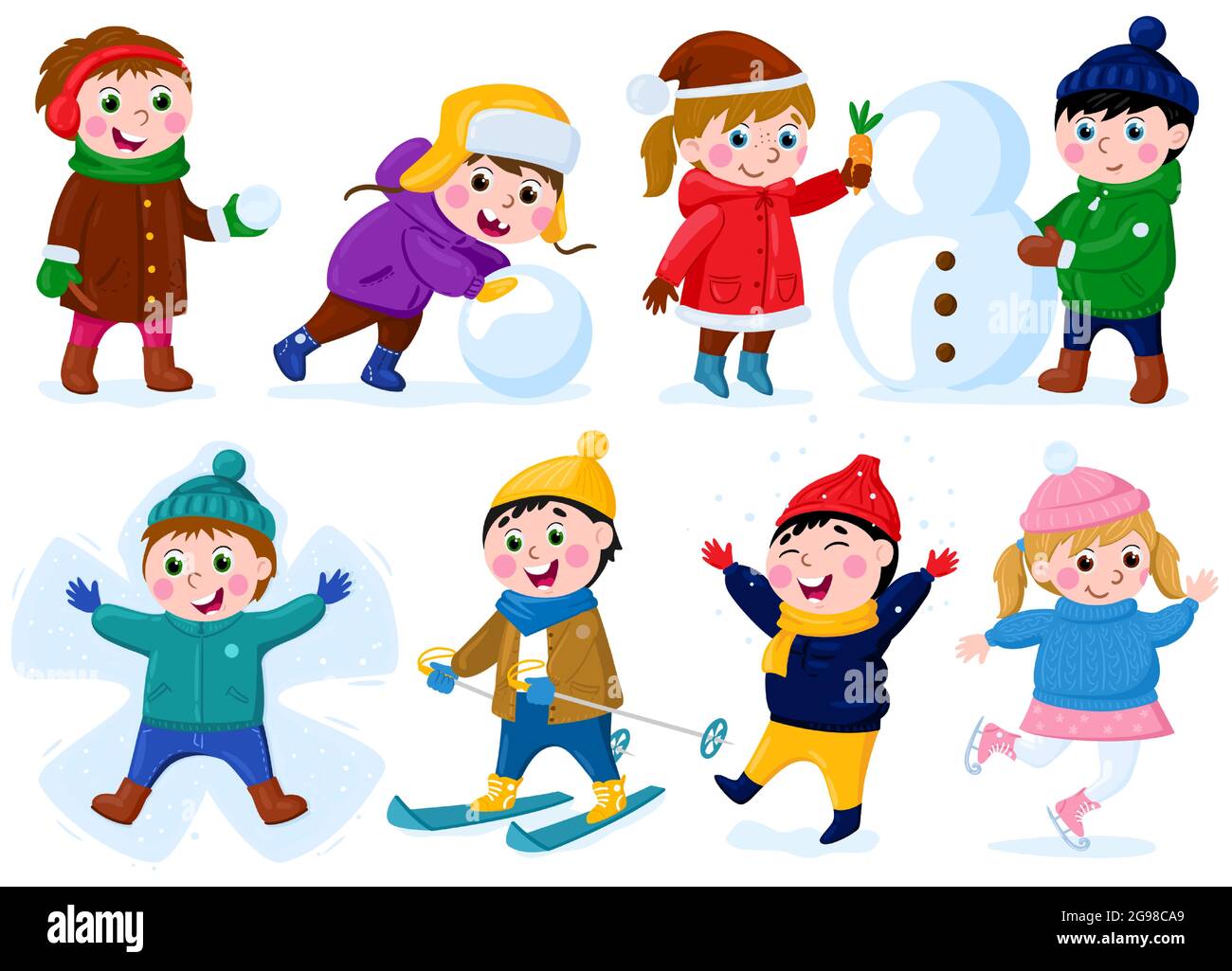 Winter children activities. Snow outdoor activity, happy little girls ...