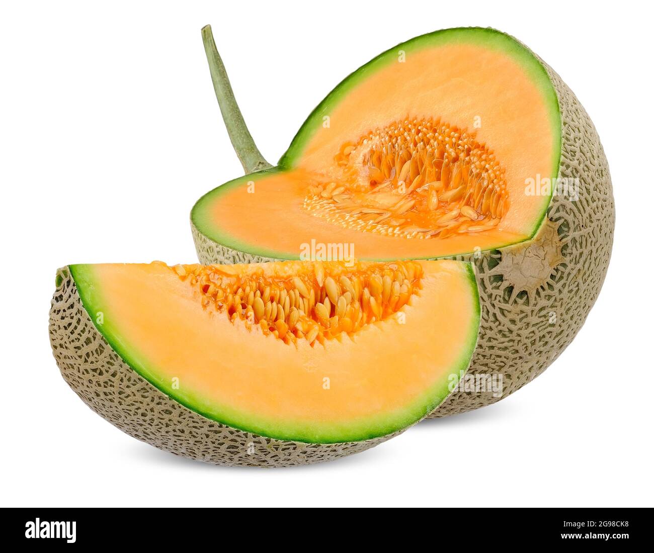 Half cut and slice of Melon isolated on white background. melon ...