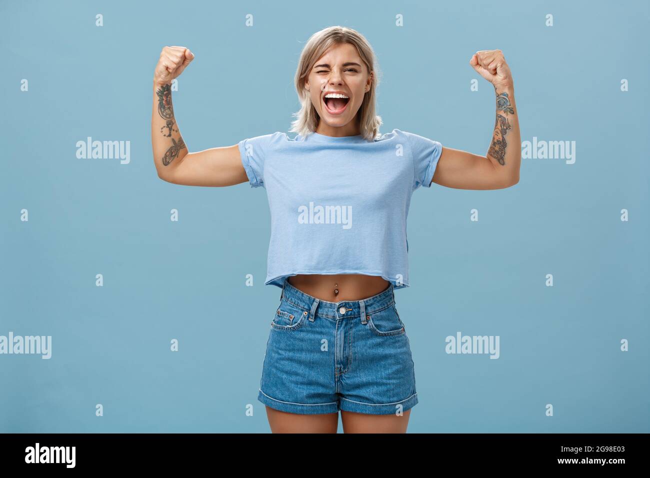 Strong women stand up and fight for rights. Portrait of happy ...